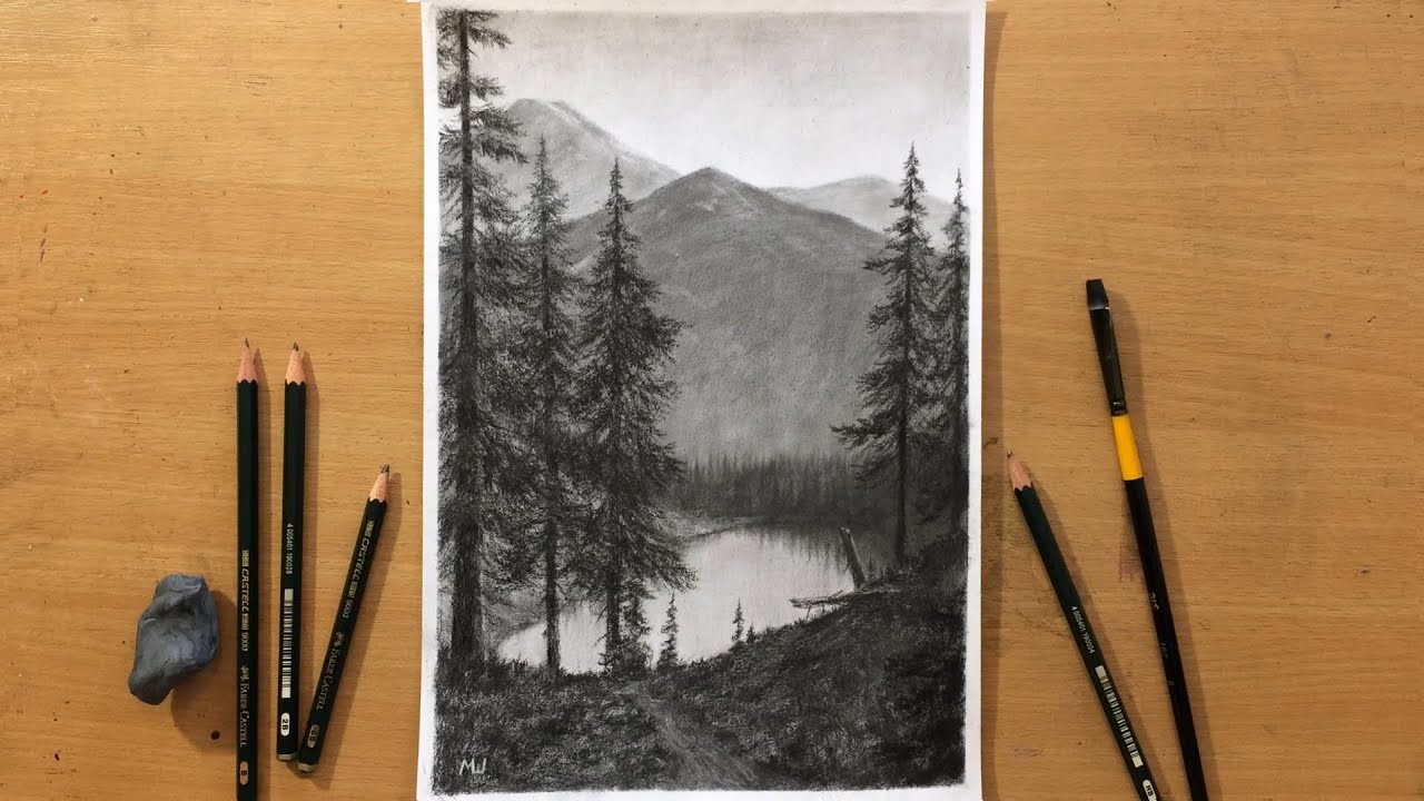Graphite Pencil Drawing of a Lake - Landscape Drawing - YouTube