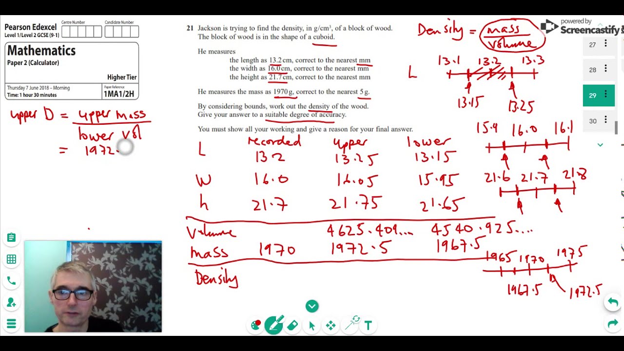 21 Upper and Lower Bounds, Edexcel June 2018 GCSE Maths Higher Tier ...