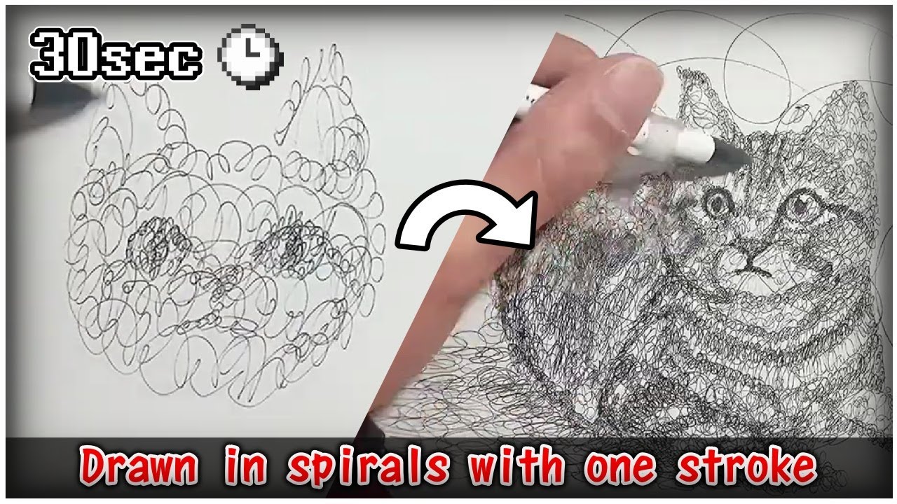 "The Cat" drawn in a continuous spiral in 30 sec, 1 min, 3 min, 5 min ...