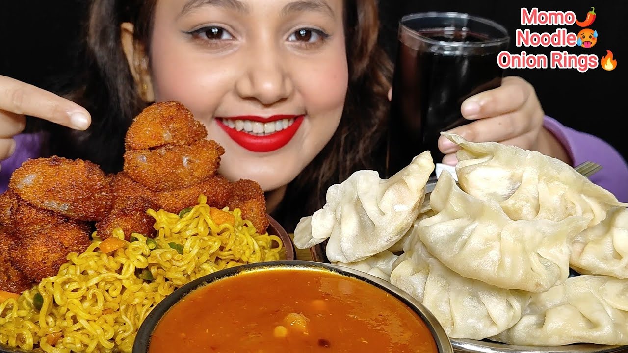 UNCUT MUKBANG‼️😉Eating Onion Rings🔥Momo's🥟Spicy Momo Chutney🥵Street Style Noodle🌶ll MUKBANG+ASMR ...