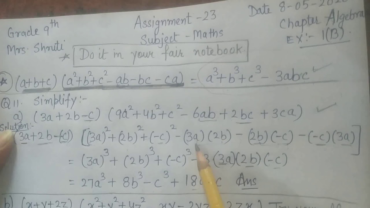Grade 9, Mathematics, Assignment 23, Chapter Algebra, Ex: 1(B), Q 11,12 ...