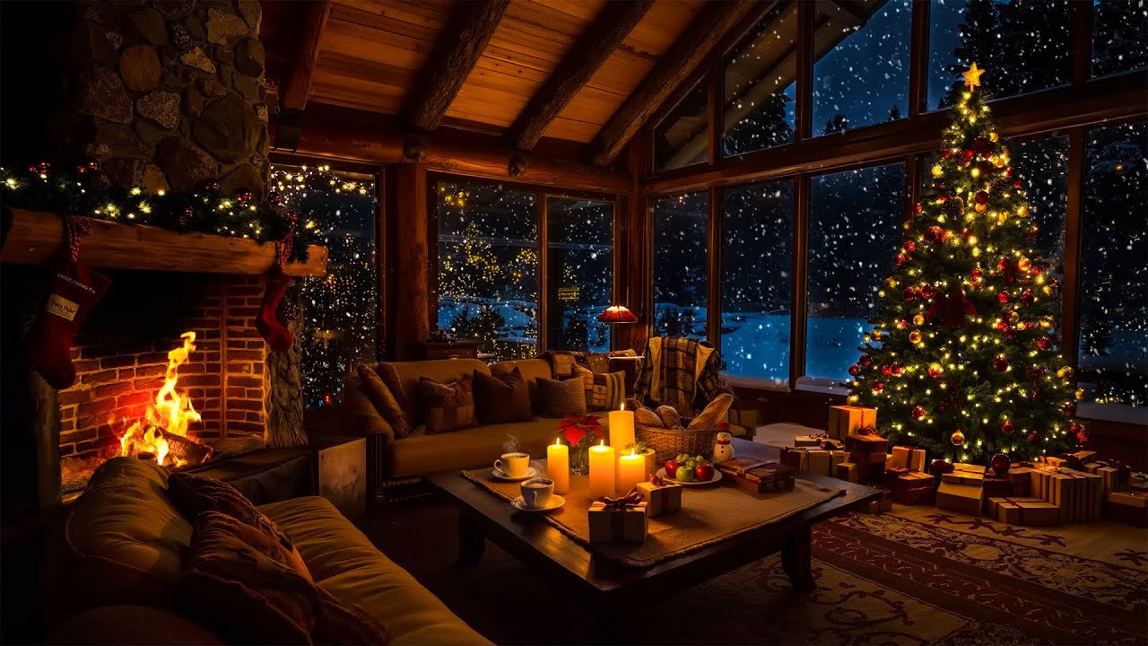 Relaxing Christmas Night 🎄 Cozy Winter Cabin Ambience with Smooth Jazz ...