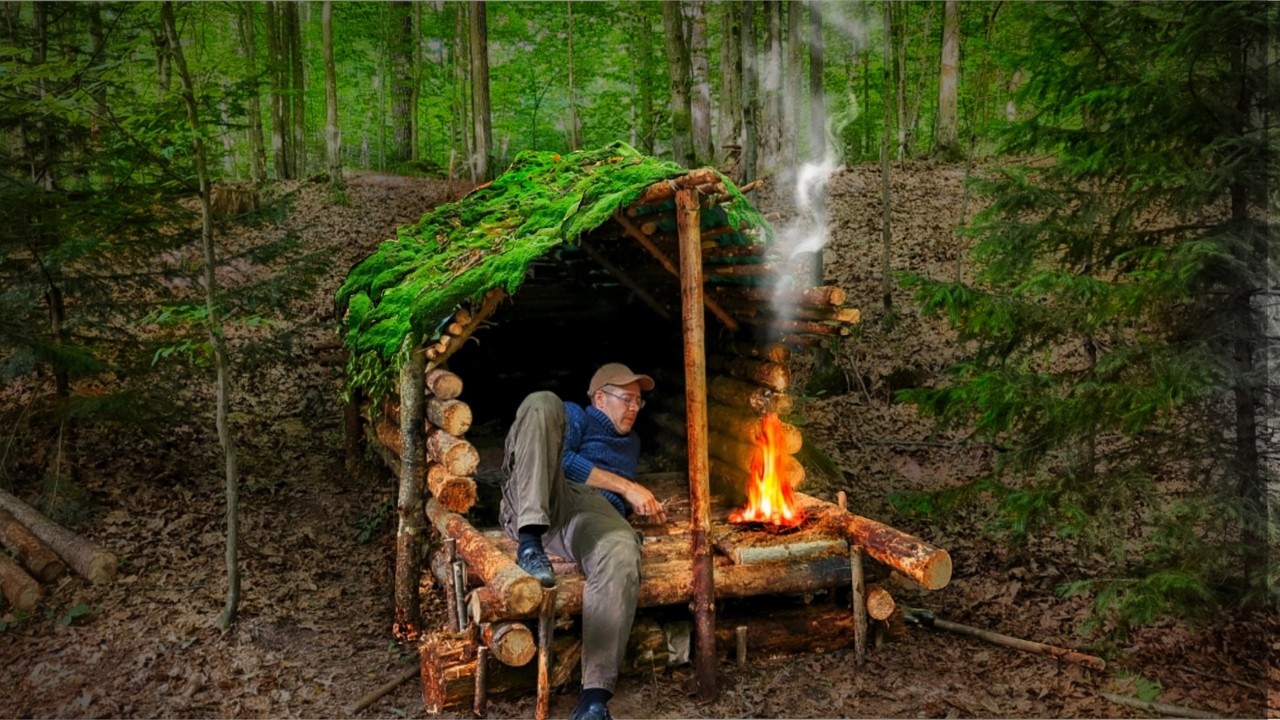 Building a Cozy Log Cabin for Survival: Bushcraft Shelter Build with ...
