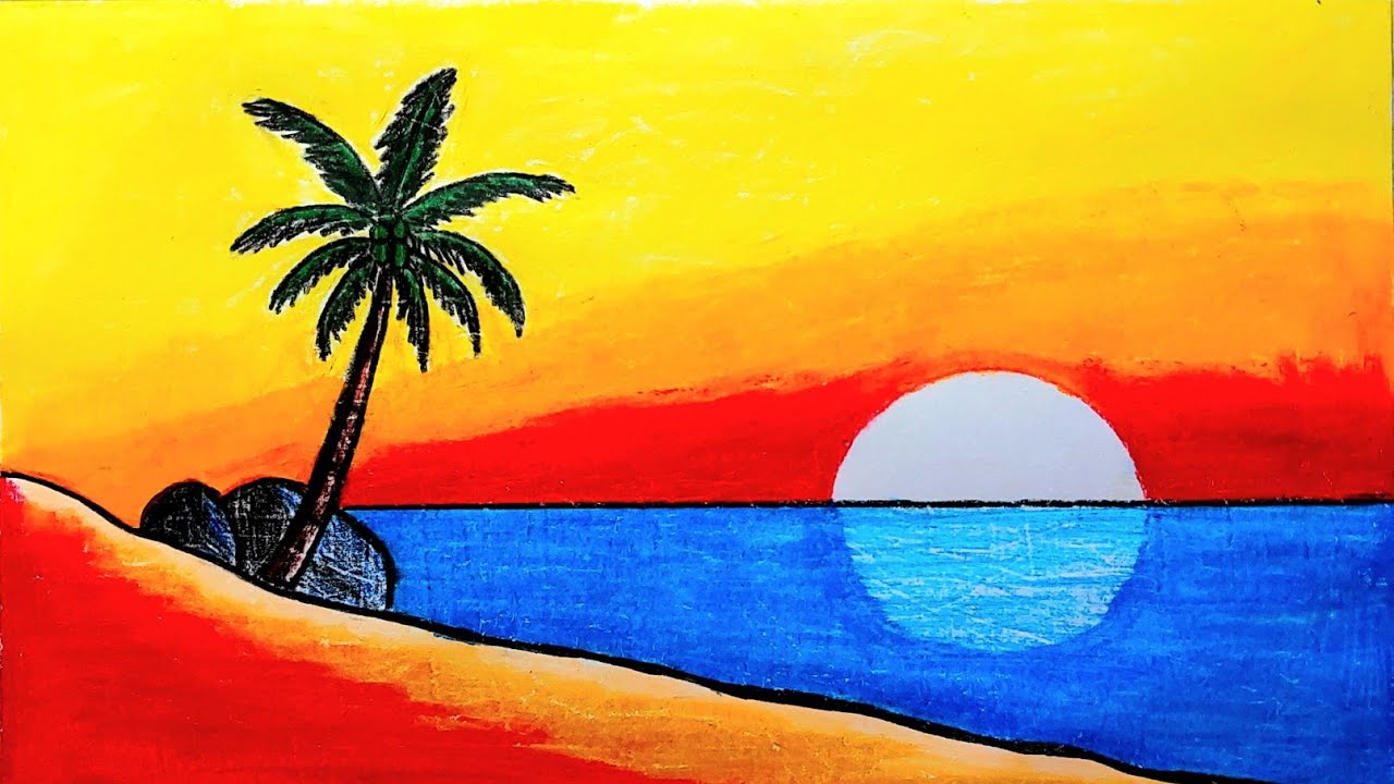 Nature scenery drawing | Sea beach Sunset Scenery Drawing | prakritik ...