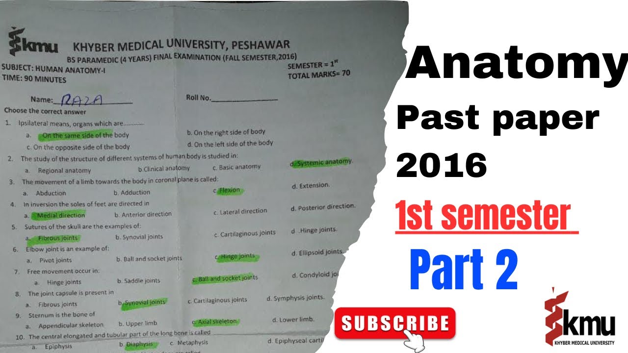 Anatomy past paper with question and answer | 1st semester | quiz ...