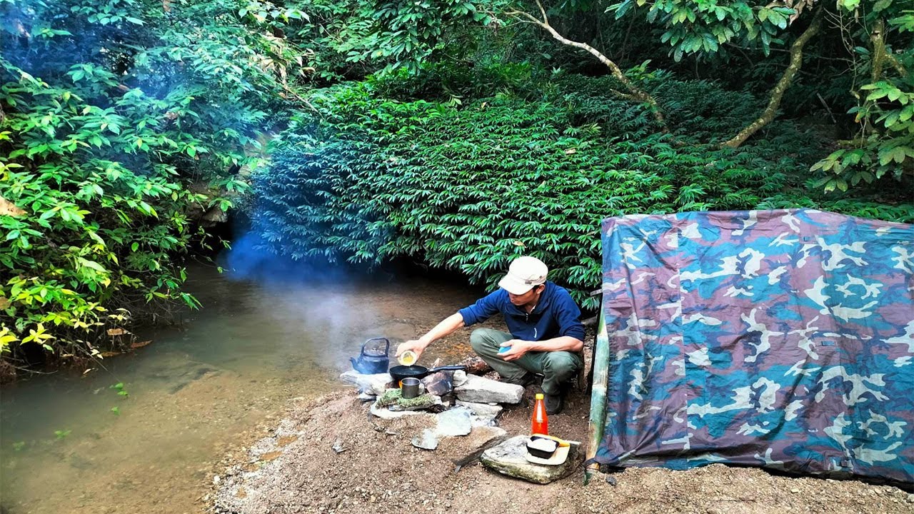 Camping in the deep forest. Spend the night alone in the forest ...