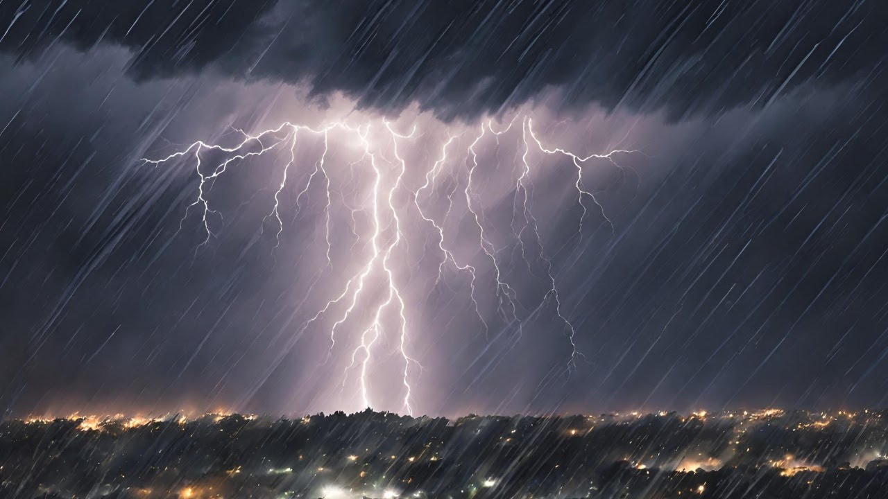 Thunderstorm and heavy rain in night city | thunder & rain sounds for ...