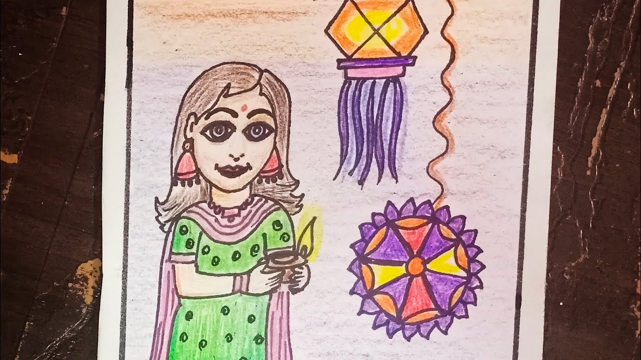 How to draw Diwali drawing #Easy Diwali drawing with pencil colours # ...