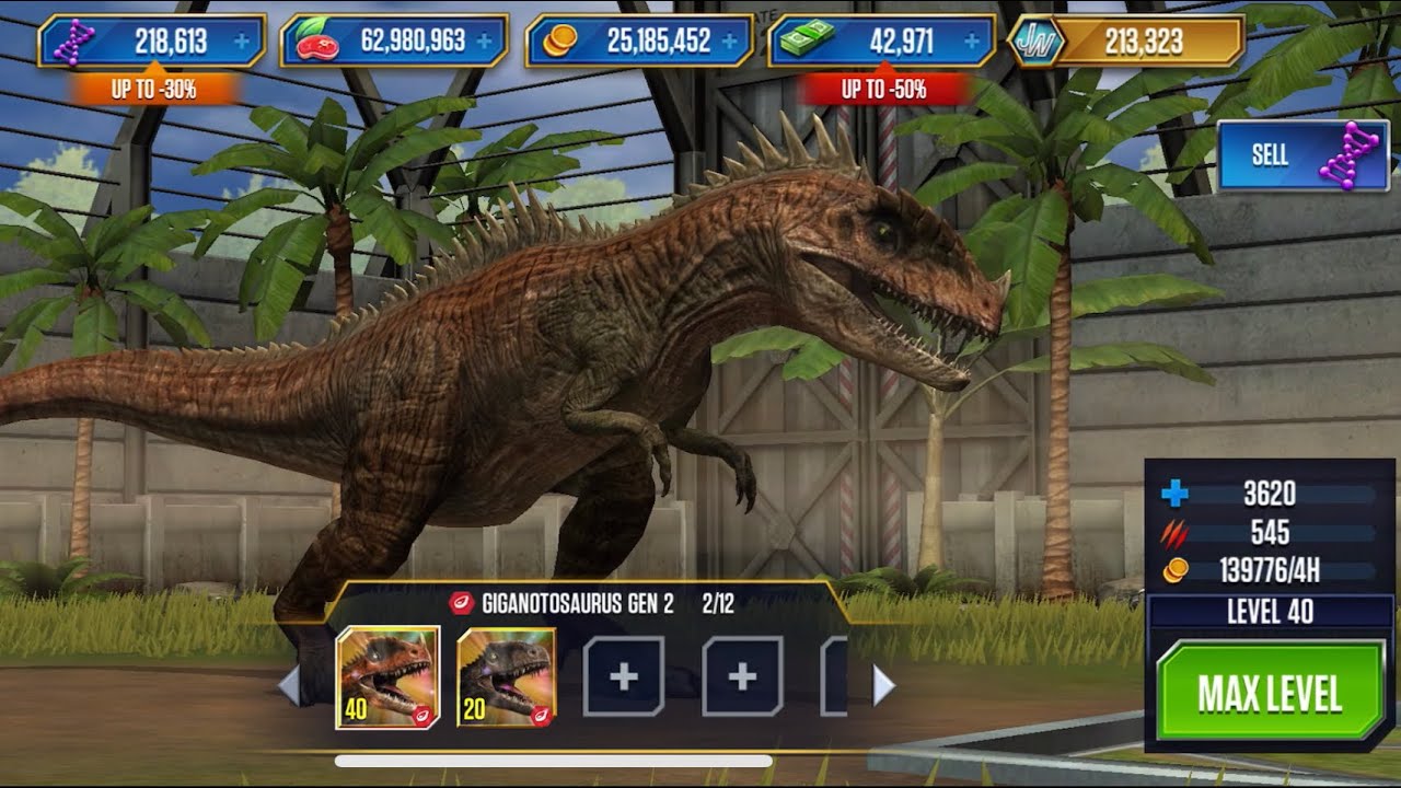 GIGANOTOSAURUS GEN 2 CODE 19 - JURASSIC WORLD THE GAME - YouTube