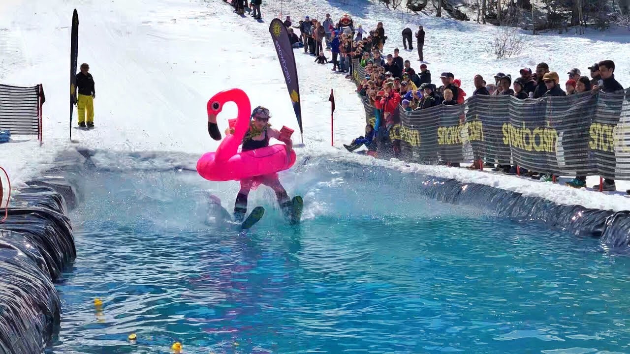 Snowboard and Ski into FREEZING pond!! - YouTube