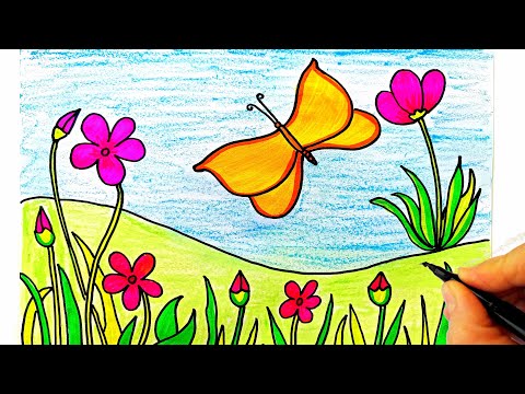 Bahar Resmi Çizimi 🌸🦋 | Kolay Çiçek ve Kelebek Çizimi 🌳 İlkbahar Resmi - Kolay Çizimler