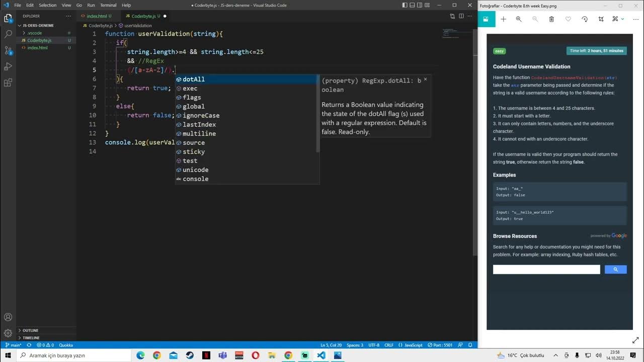 CoderByte Algorithm Challange with Js - UserValidation - YouTube