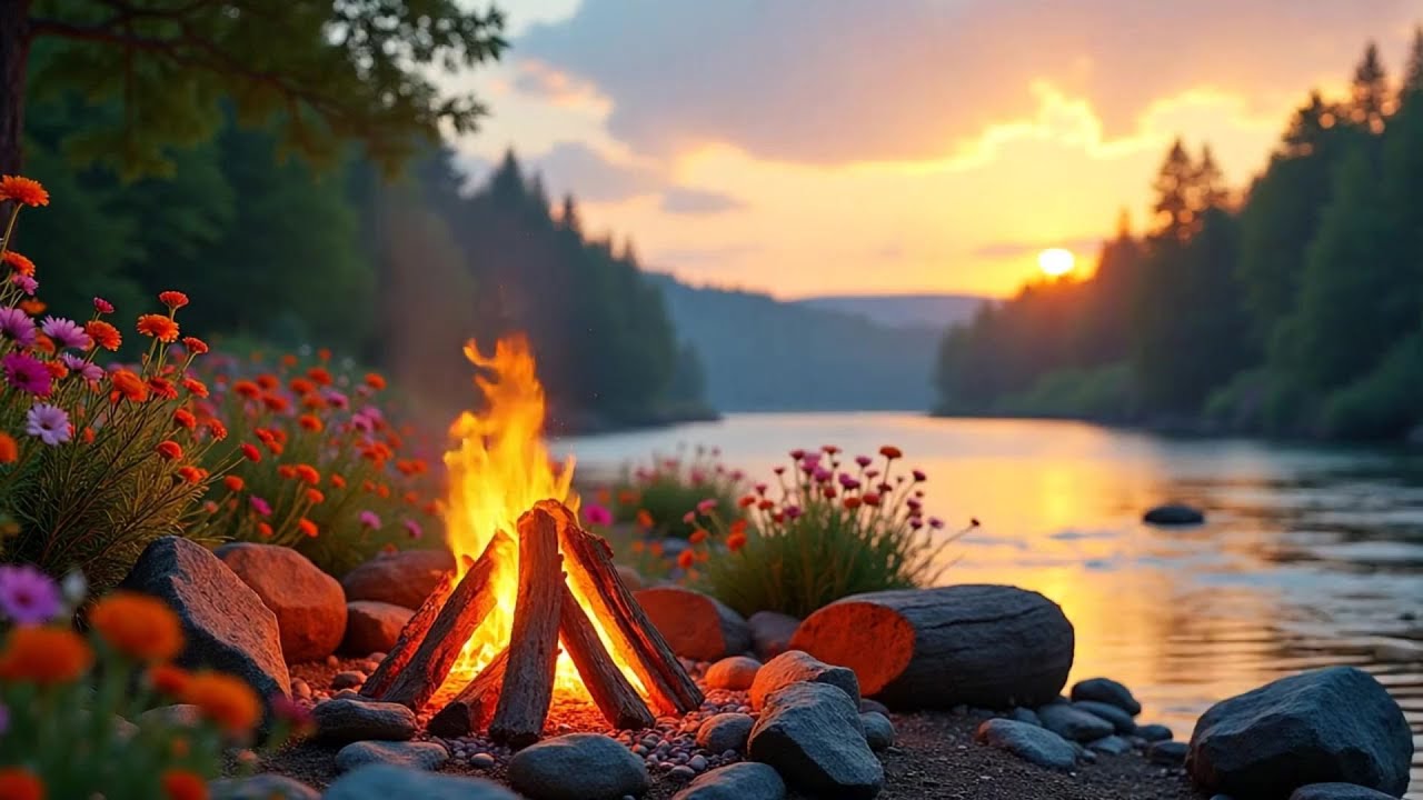 Crackling Camp Fire & Gentle Instrumental Jazz 🔥 Riverside Camp Fire ...