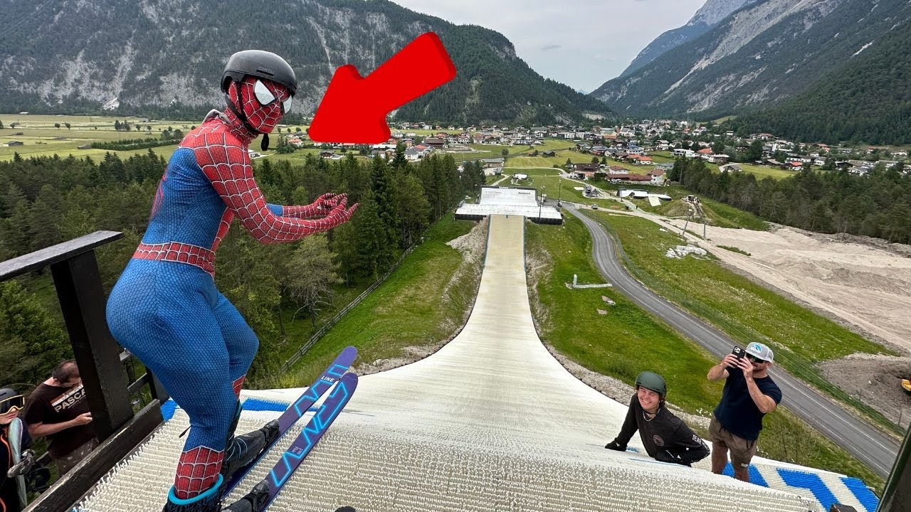 Spider Man Overshoots Massive Ski Jump - YouTube