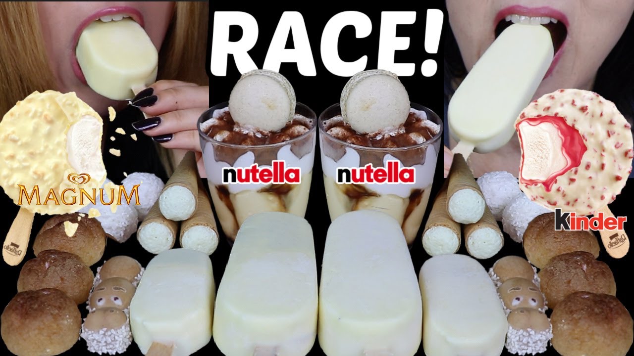 ASMR WHITE CHOCOLATE RACE! BIG ICE CREAM BAR, KINDER, TIRAMISU GELATO ...