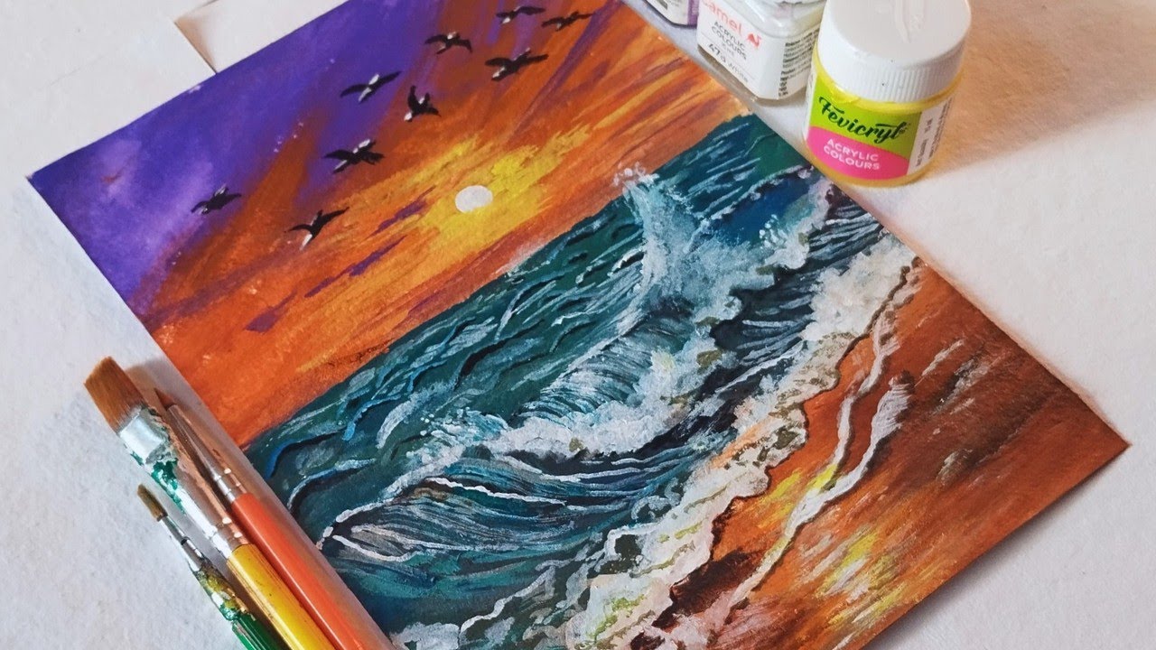 Sunset Seascape Acrylic Painting || Easy Sea Beach Painting Step by ...