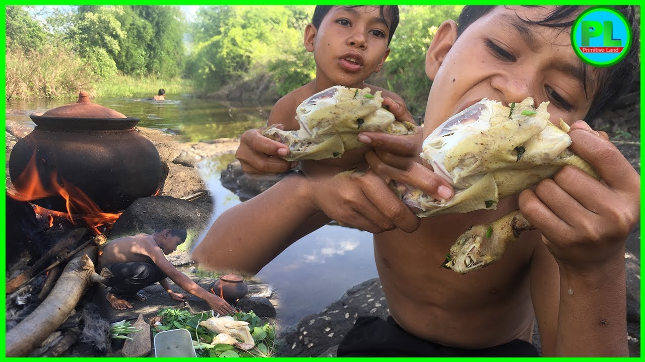 A Young Boy Cook Chicken Soup For Lunch -Delicious Eating-Primitive ...