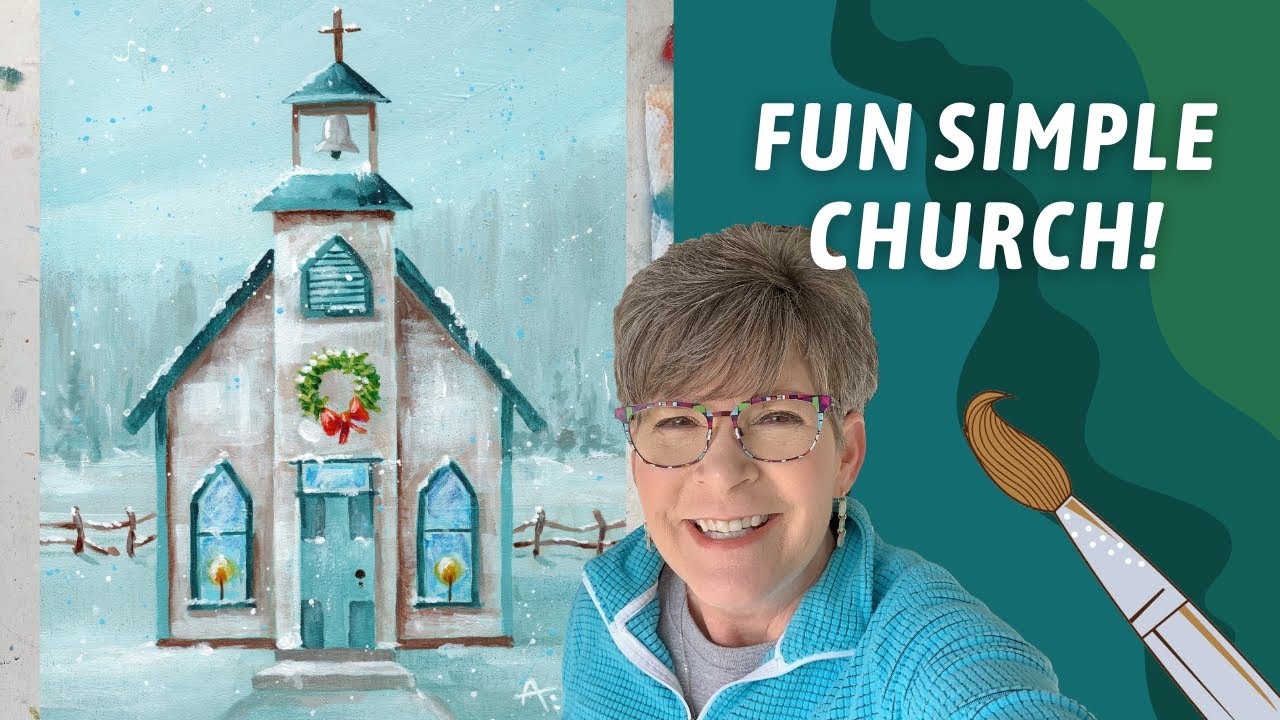 CHURCH With TRACEABLE! Easy Beginner Winter Church Acrylic Painting! By ...