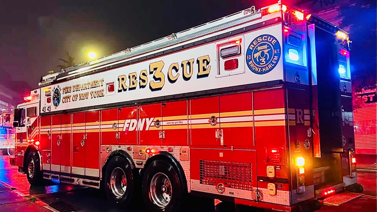 FDNY RESCUE 3 FDNY SQUAD 61 RESPONDING ON KINGSBRIDGE AVENUE IN FORDHAM ...