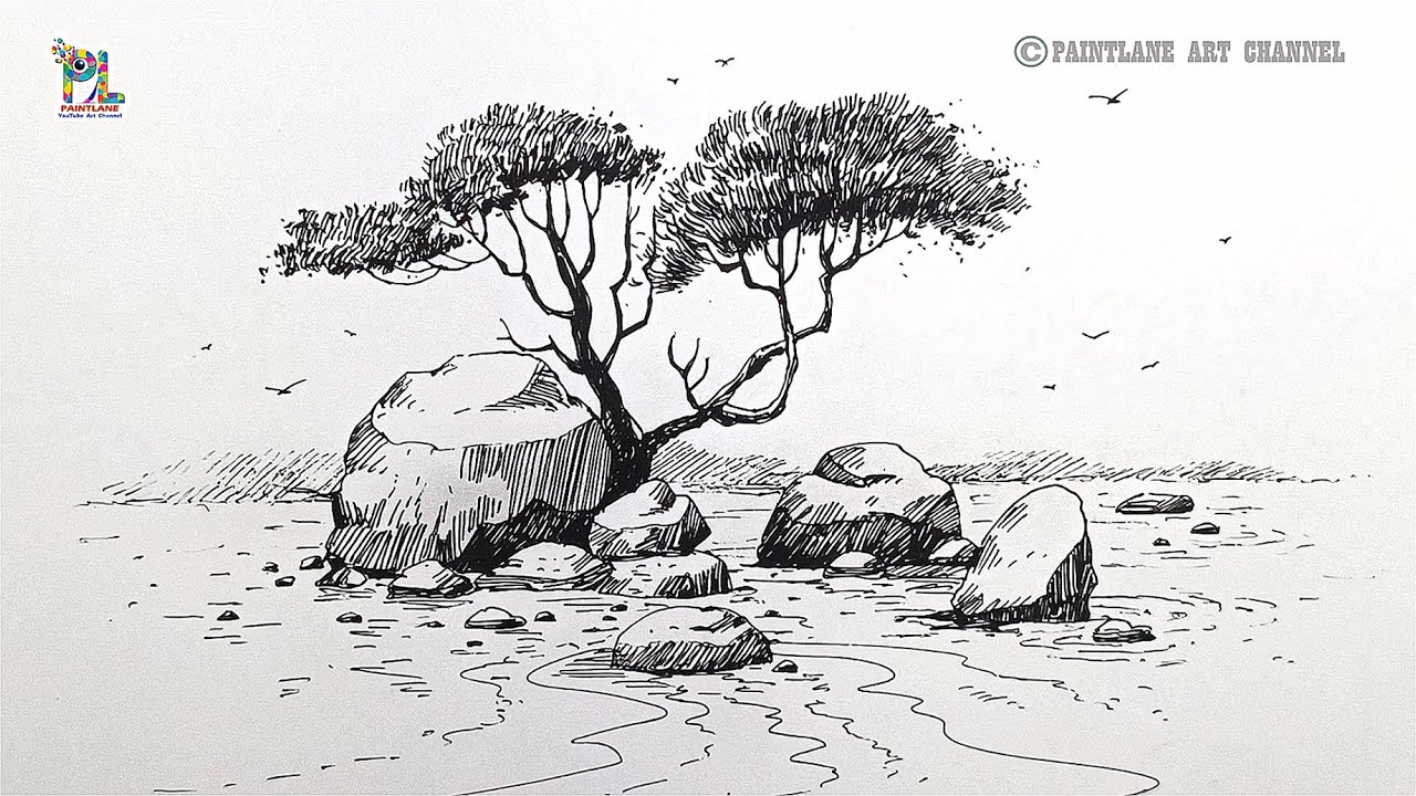 How to draw Tree and Rocks in Scenery Art with Pen || Pen Art - YouTube