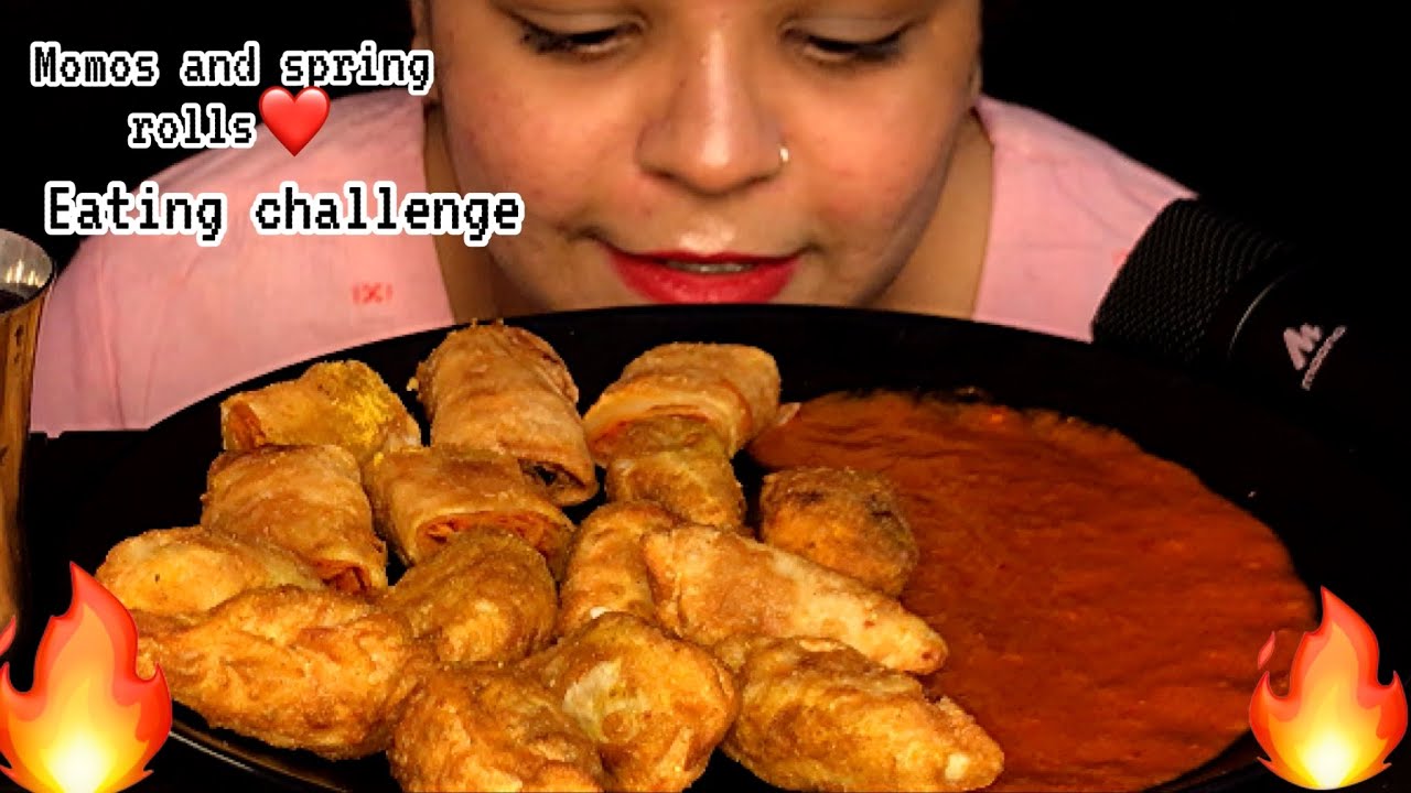 Eating momos & spring rolls challenge😍|street food eating challenge ...