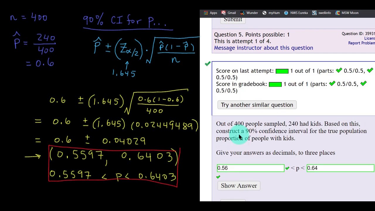 Example from the HW, CI for proportion (Part 6) - YouTube