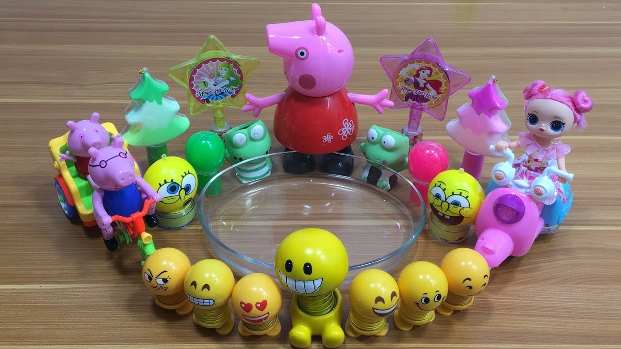 Peppa Pig & Emoji Slime | Mixing Beads and Glitter into Clear Slime ...