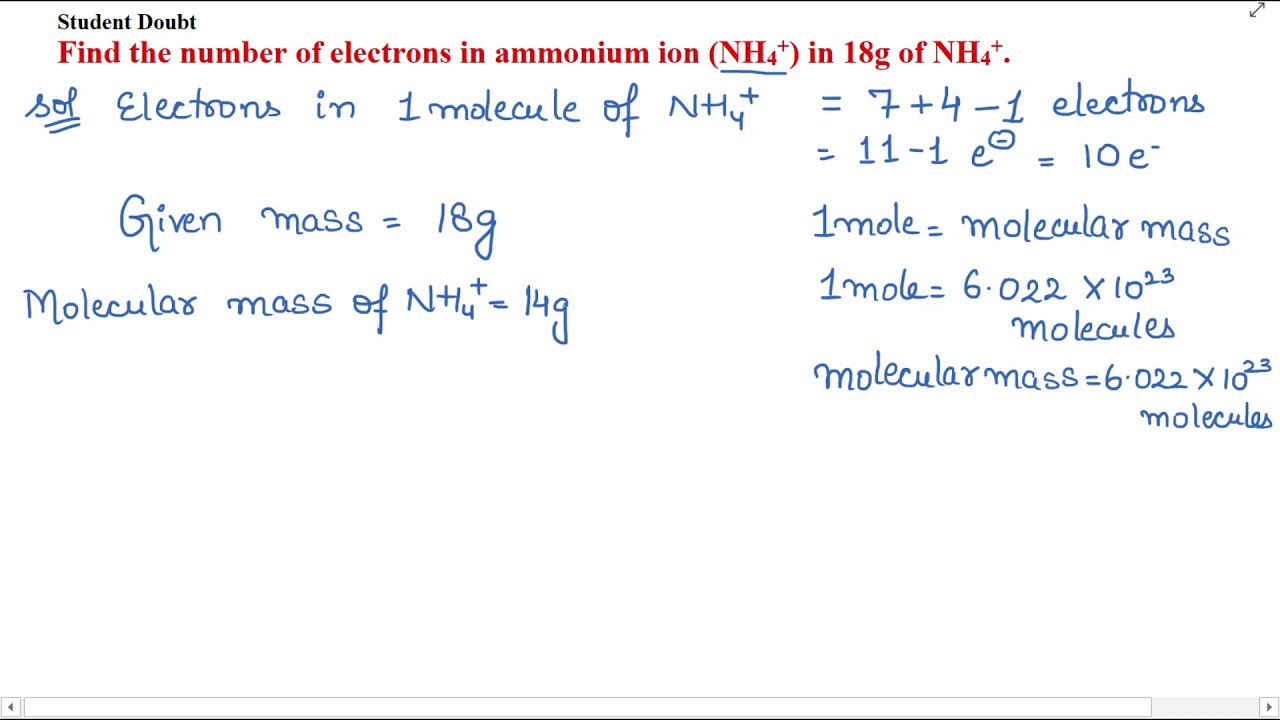 Find the number of electrons in ammonium ion (NH4+) in 18g of NH4 ...