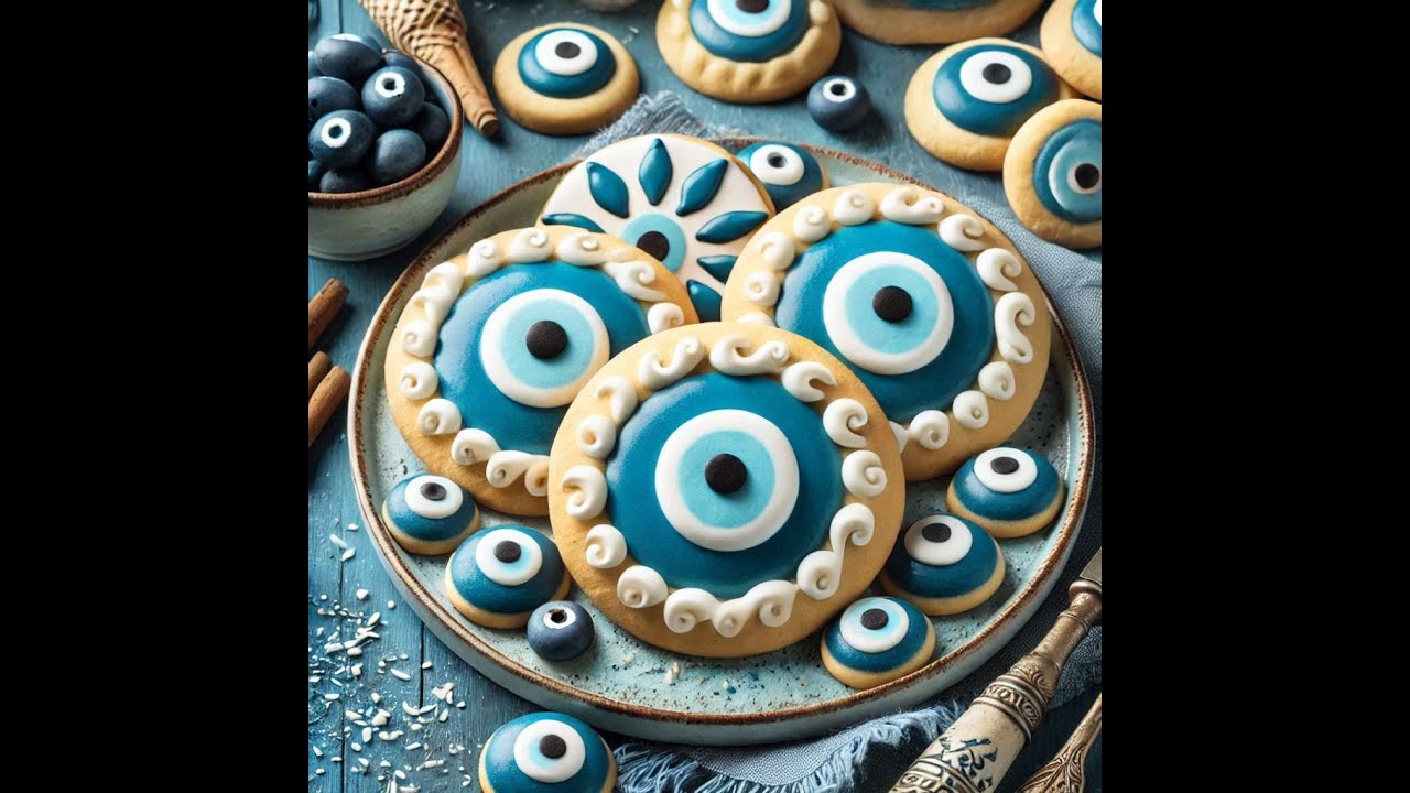 Blue and white evil eye inspired greek mati cookies recipe - YouTube