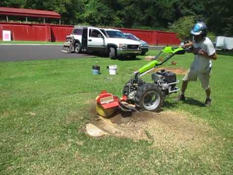 Demo: Caravaggi Stump Grinder with Grillo 110 Walk-Behind Tractor - YouTube