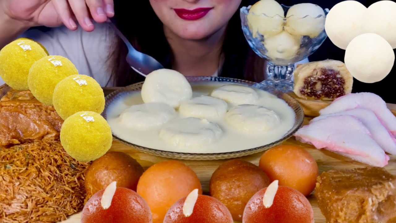 ASMR EATING RASMALAI,RASGULLA,GULAB JAMUN,LADDU,JALEBI,PATISA,LONG ...