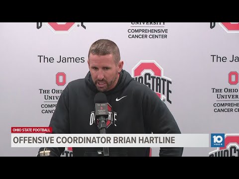 Offensive coordinator Brian Hartline speaks before Ohio State's spring ...