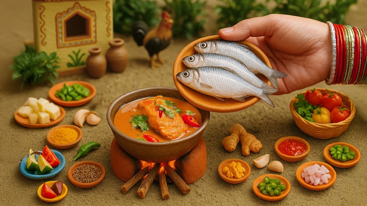 Satisfying Miniature Spicy Fish Curry Recipe 🐟🔥 Tiny Village Clay Stove ...