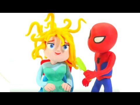 Spiderman Brushes Frozen Elsa Hair - Play Doh Cartoons & Superhero Babies Stop Motion Movies