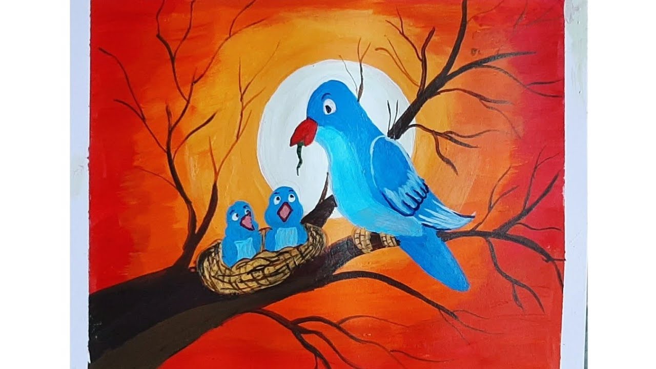 How to draw Mother's Day easy painting || Mother bird feeding babies ...