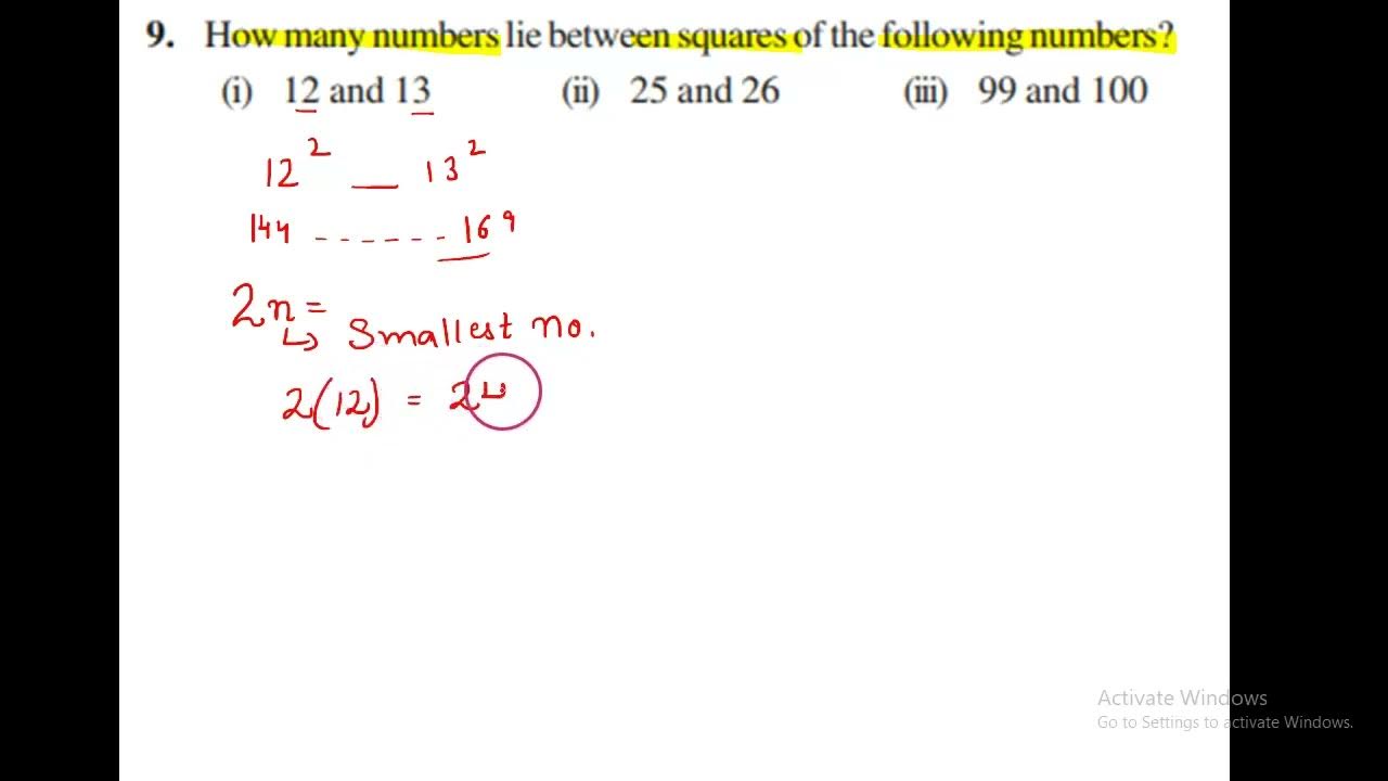 how many numbers lie between squares of the following numbers? class 8 Q 9 - YouTube