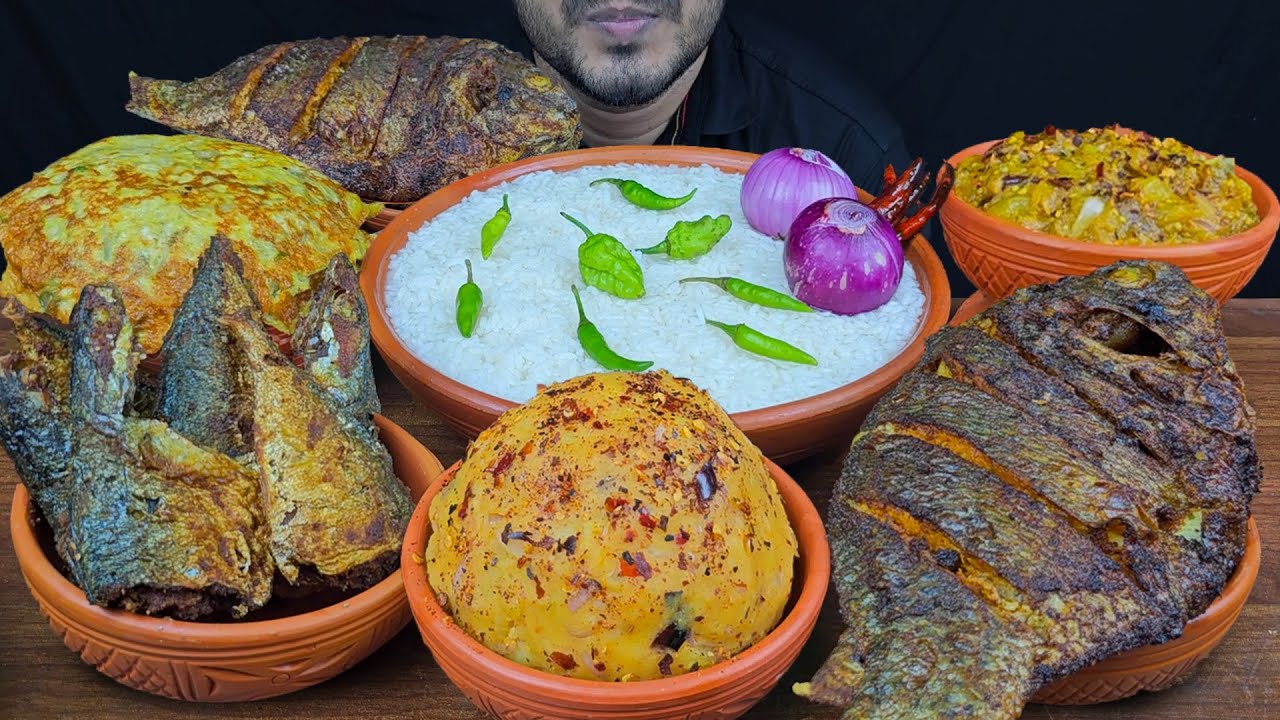 EATING PANTA BHAT, WHOLE FISH FRY,ALU BHORTA,SURMA FISH FRY,EGG ...