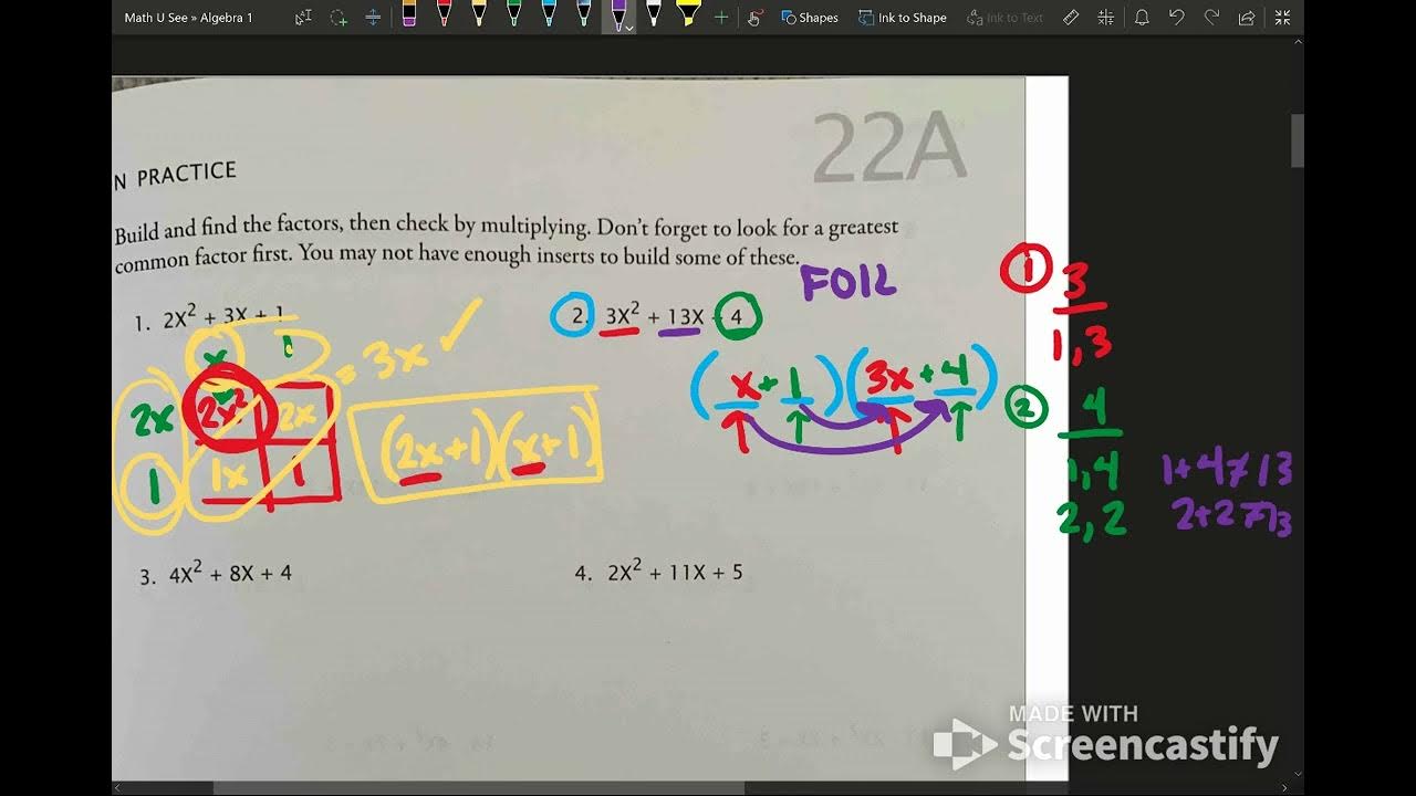 Algebra 1 Math U See Lesson 22: Factoring Trinomials with Coefficients ...