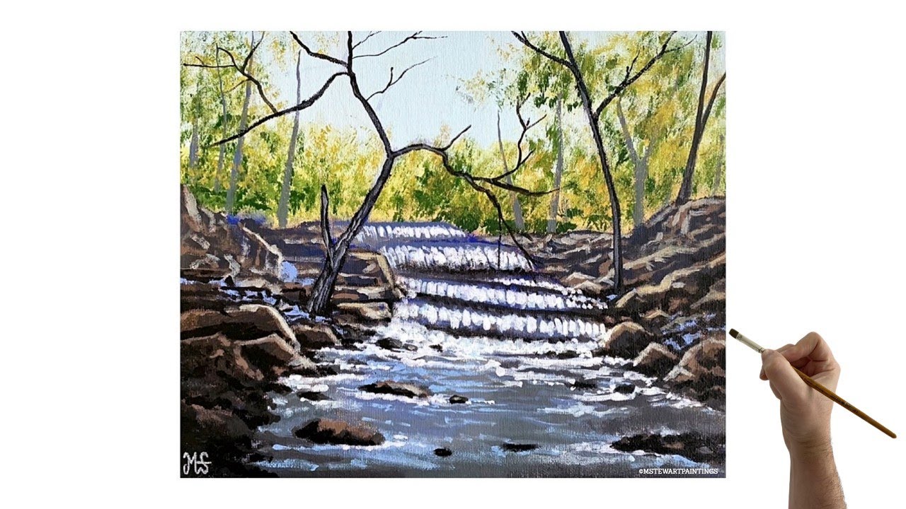 Acrylic Painting Stream Waterfall Landscape - Step by Step Waterfall ...