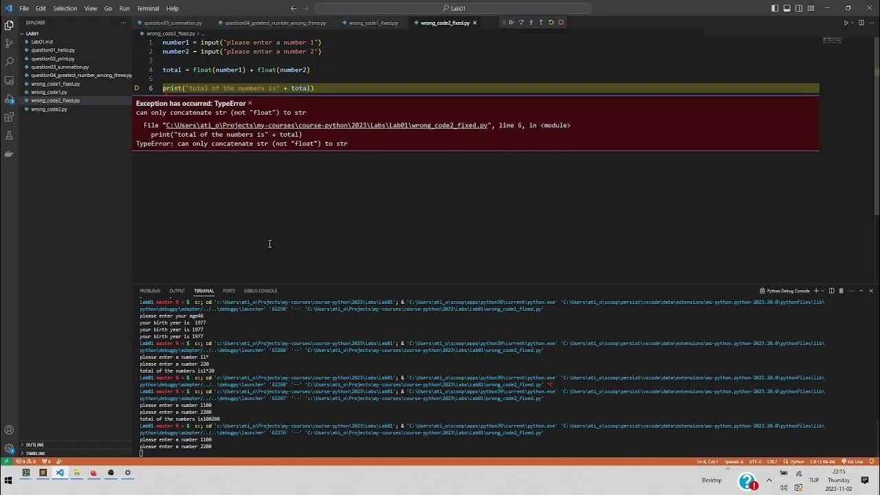 Programming in python Lab01 2023 10 07 question06 simple error2 - YouTube