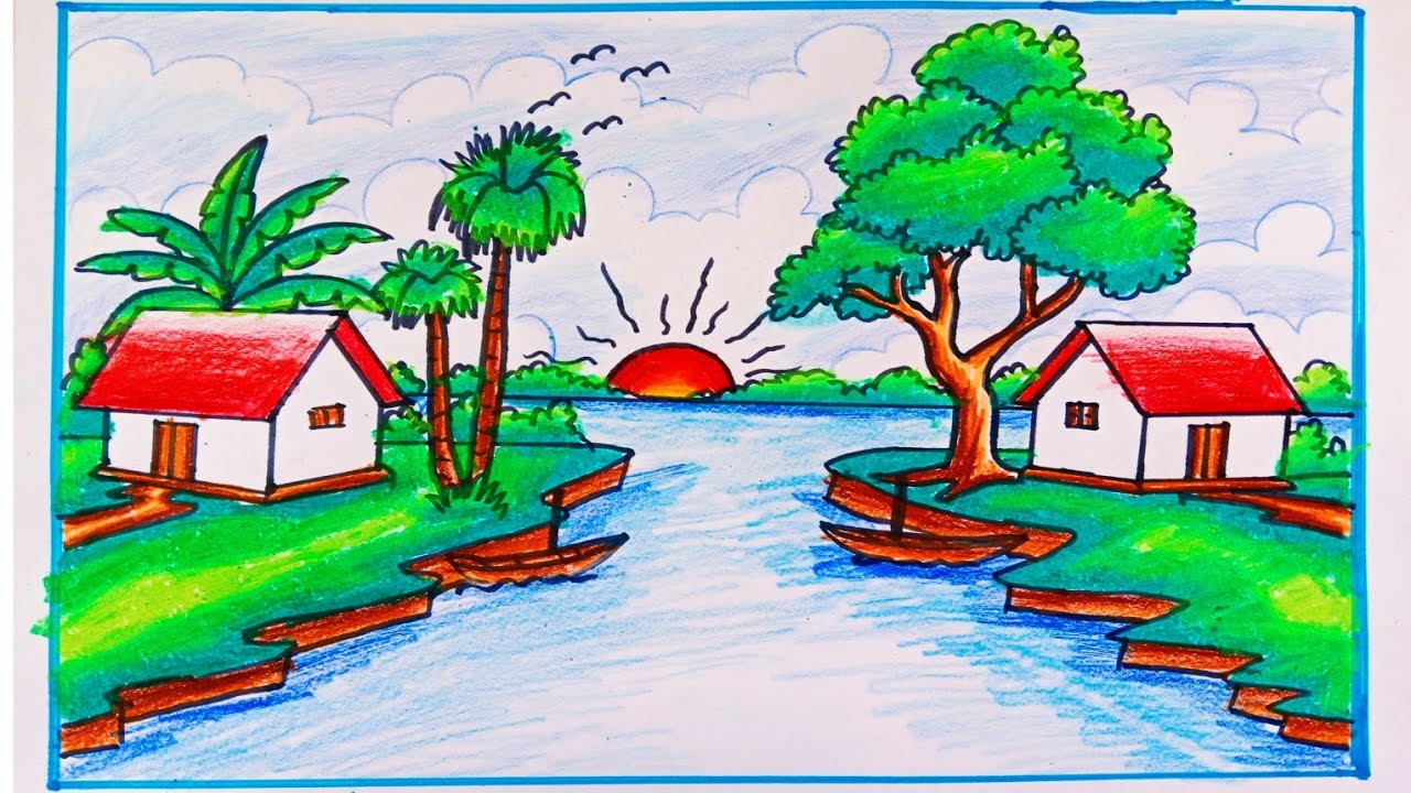 prakritik drishya drawing/village scenery drawing video/village house ...