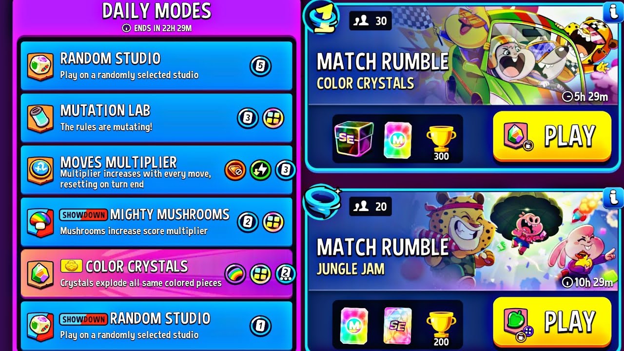 daily modes & rumble | color crystals | mutation lab | moves multiplier ...