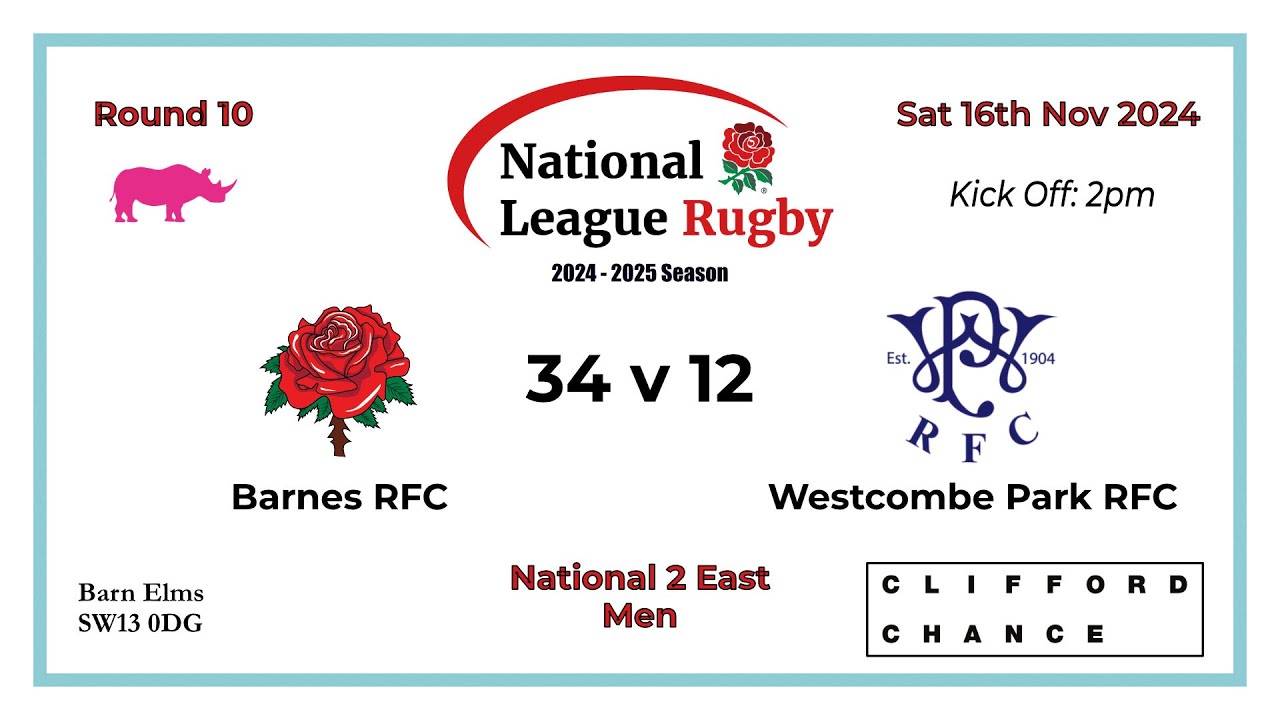 1stXV Men - Barnes RFC 34 v 12 Westcombe Park RFC | 16 November 2024 ...