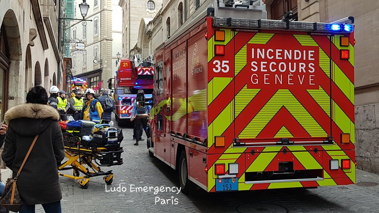 Pompiers de Genève en Urgence, Geneva Fire Dept responding and on scene ...