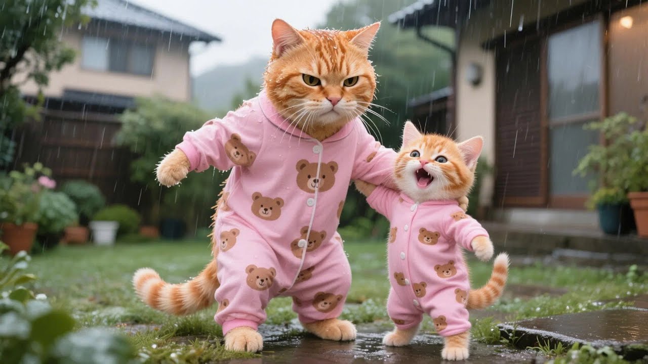 Ginger Kitten Plays in the Mud under the Rain, Mama Cat’s Gentle Lesson ...