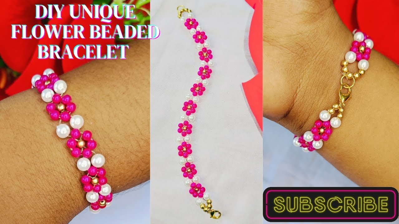 Beaded flower Bracelet- How to make Beaded bracelet with beads & Pearl ...