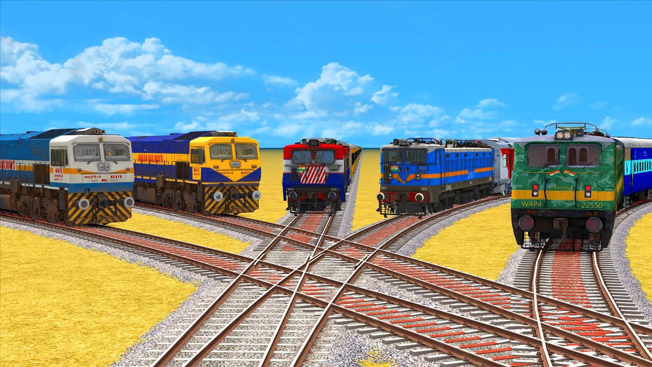 5 TRANSPORTING PASSENGER TRAINS CROSSING ON LINE SAME TRACK SHARP BEND ...