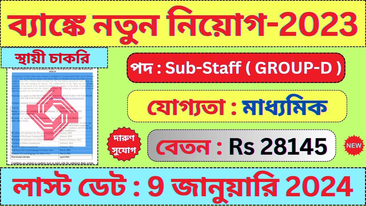 ব্যাঙ্কে SUB-STAFF ( Group D ) পদে নিয়োগ 🔥। Central Bank | Govt Jobs ...