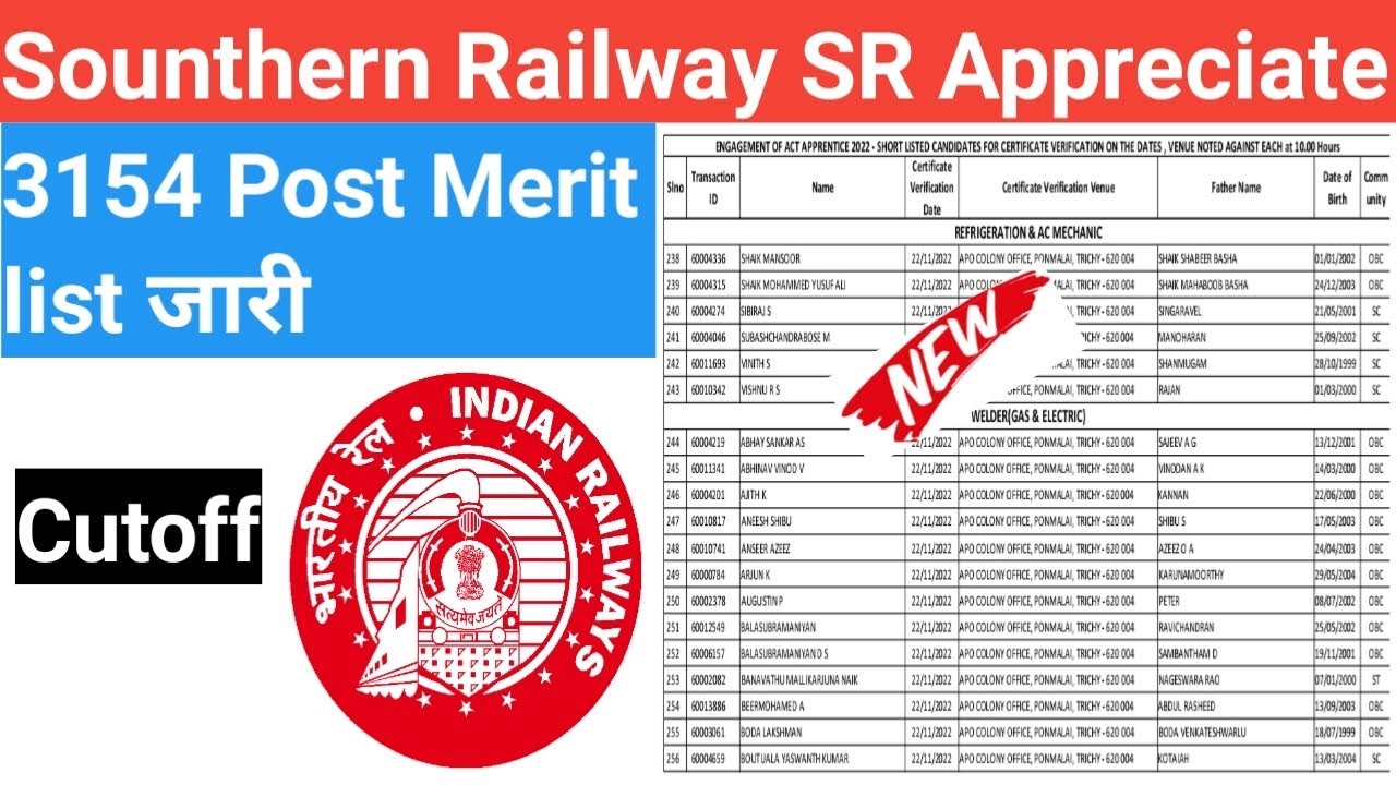 Sounthern SR Railway Appreciate 2022 | 3154 Post merit list जारी #railwayapprentice #sounthfdf ...