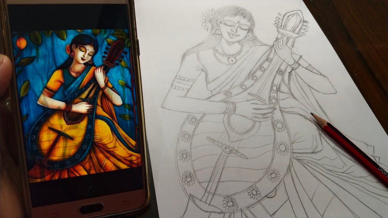 Saraswati Devi Ki Drawing Easy/How To Draw Simple Devi Saraswati/Saraswati Ma ki sabse aasan ...